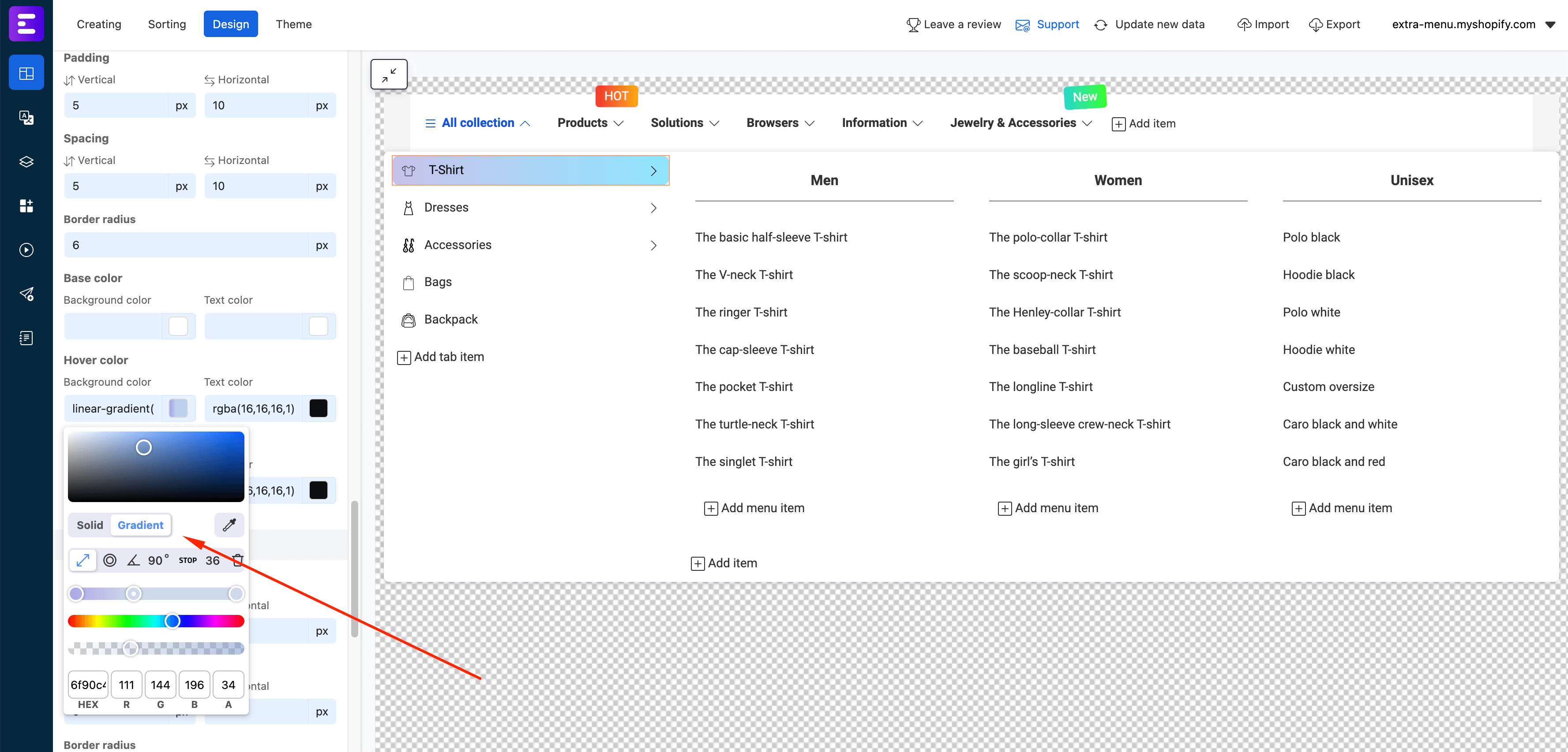 How to use gradient color - Extra menu - Click & hover